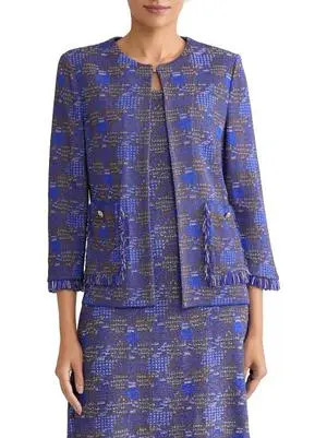 Ming Wang Fringe Trim Tweed Jacket - Sapphire Sea/drk Umbr/ivy