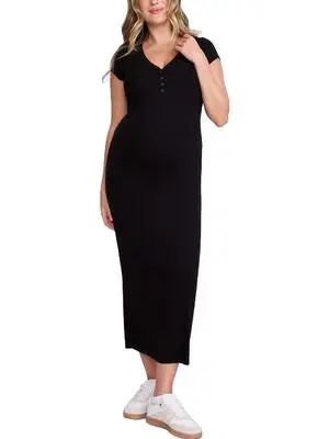 Motherhood Maternity Short Sleeve Henley Bodycon Maxi Dress - Black