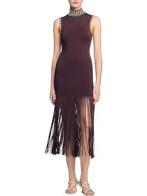 Sandro Fringe Knit Embellished Dress - Brown