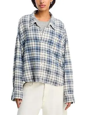 Denimist Cropped Button-front Shirt - Ecru/light Blue Plaid