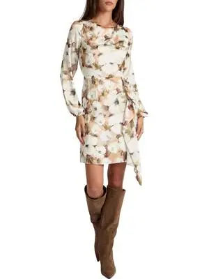Santorelli Malia Long Sleeve Dress In Floral Georgette - Peach Whip