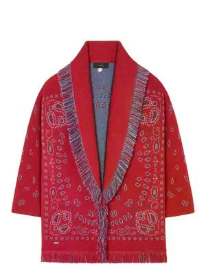 Alanui Bandana-Jacquard Fringe Cardigan Red