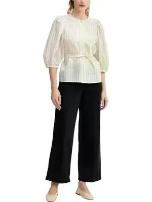 SESSUN Puff-sleeve Striped Blouse With Self-tie Belt - Neutrals
