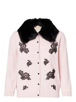 Valentino Garavani Shearling-trimmed Virgin Wool Cardigan - Pink