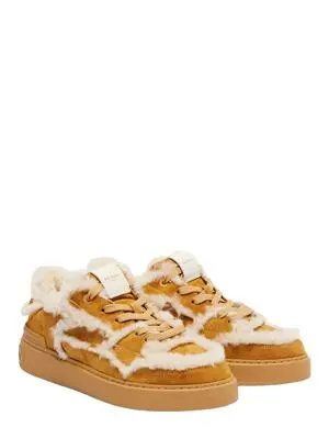 Balmain Shearling-trimmed Suede Sneakers - Brown