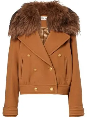 Chloé Cropped Shearling-trimmed Wool-blend Coat - Brown