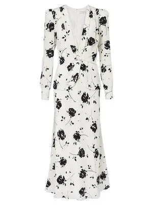 Alessandra Rich Floral Silk Midi Dress - White