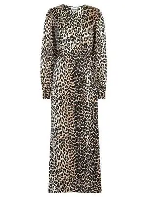 GANNI Leopard-printed Stretch-silk Dress - Brown