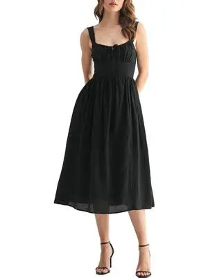 ALL IN FAVOR Tie Neck Midi Sundress - Black