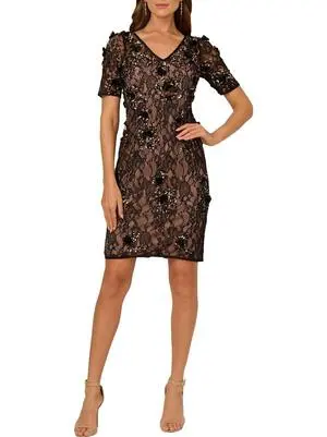 Adrianna Papell Beaded Lace Sheath Cocktail Dress - Black/rosegold