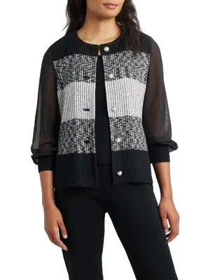 Ming Wang Mixed Media Colorblock Cardigan - Black/white