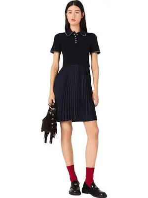 Maje Mini Pleated Polo Collar Dress - Navy
