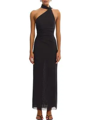 Significant Other Avni Asymmetric Halter Neck Mesh Gown - Charcoal