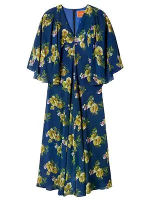 La DoubleJ Floral-print Cape-sleeve Maxi Dress - Blue