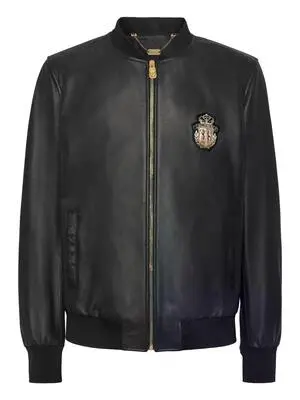 BILLIONAIRE Leather Bomber Jacket - Black