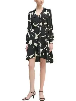 Dkny Abstract-print Wrap Dress - Black