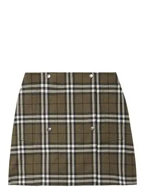 Burberry Button-embellished Checked Wool-twill Mini Skirt - Green
