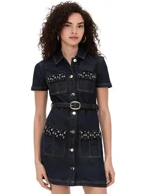 SELF-PORTRAIT Indigo Denim Mini Dress With Crystal Trim - Blue