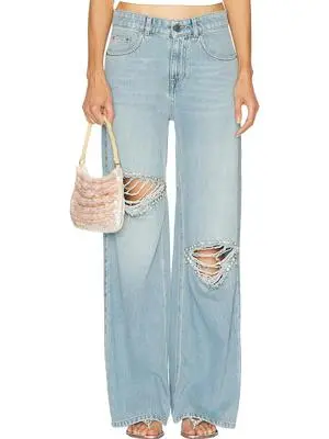 AREA Distressed Crystal Relaxed Slit Jean - Medium Blue