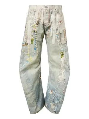Acne Studios Distressed Printed Barrel-Leg Jeans White