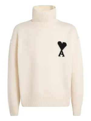 Ami Virgin Wool Ami De Coeur Funnel-Neck Sweater Beige