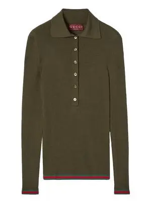 Gucci Cashmere Silk Ribbed Polo Top With Embroidery - Green