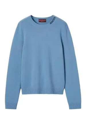 Gucci Felted Wool Knit Sweater With Intarsia - Blue