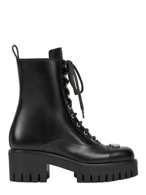 Gucci Lace-up Ankle Boot With Gg Leather - Black