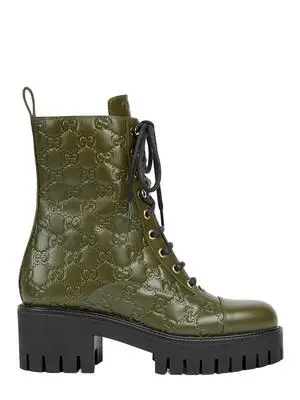 Gucci Gg Leather Lace-up Ankle Boots - Green