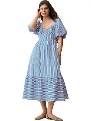 English Factory Puff-sleeve Sweetheart A-line Midi Dress - Blue Pattern