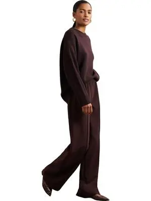 REISS Robyn Wide Leg Elasticated Waist Trousers Burgundy