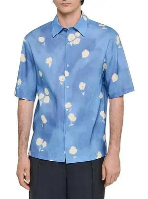 Sandro Water Flower Button Front Shirt - Blue Office