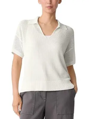 Eileen Fisher Cotton & Silk Split Neck Top Ivory
