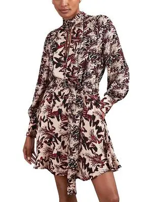 REISS Printed Flippy Dress - Burgundy/cream