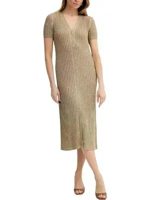 TWINSET Metallic Knit Buttoned Midi Dress - Neutrals