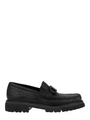 FERRAGAMO Buckle-detail Textured Loafers - Black