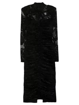 NISSA Rose-print Gathered Midi Dress - Black