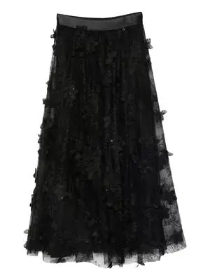 NISSA Floral Lace Tiered Midi Skirt - Black