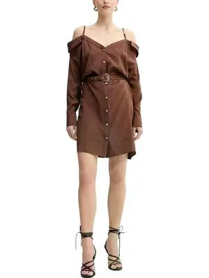 Versace Off-shoulder Belted Shirt Dress - Brown