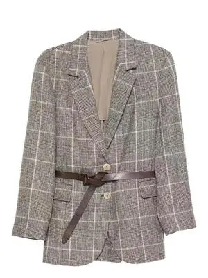 Brunello Cucinelli Checked Belted Blazer - Brown