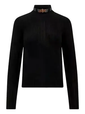 Elisabetta Franchi Ribbed Leather-trimmed Turtleneck Sweater - Black