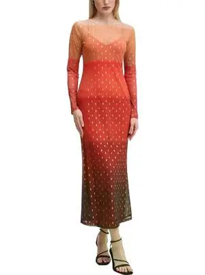 NEVER FULLY DRESSED Ombré Dot Mesh Midi Dress - Orange