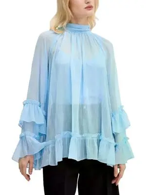 NEVER FULLY DRESSED Ruffled High-neck Blouse - Blue
