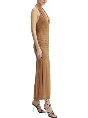 Bardot Halter Neck Ruched Bodice Fishtail Dress - Brown