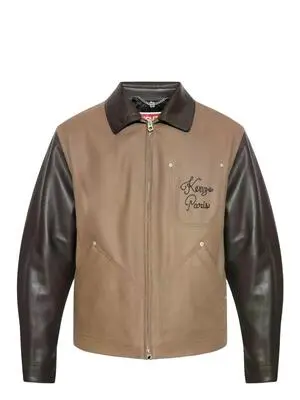 Kenzo Embroidered Leather-Sleeves Jacket Brown
