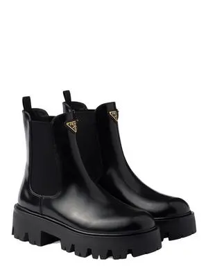 Prada Brushed Leather Booties - Black