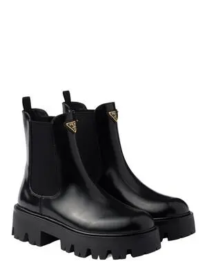 Prada Brushed Leather Chelsea Booties - Black