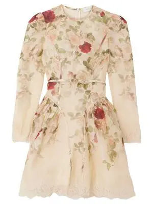 Zimmermann Lace-trimmed Floral-print Mini Dress - Cream