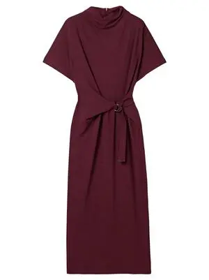 Brunello Cucinelli Belted Draped Jersey Midi Dress - Burgundy