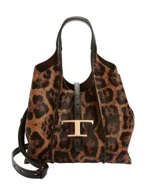 TOD'S Small T Timeless Calf Hair Shopping Bag - Leopard